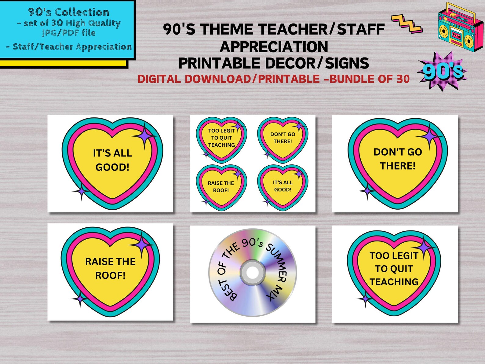 90's-themed Staff & Teacher Appreciation Week Printable Signs, Bundle ...