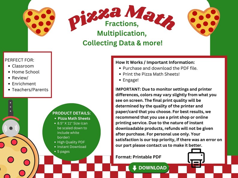 Pizza Math Worksheets, Fractions, Multiplication, Data Collection ...