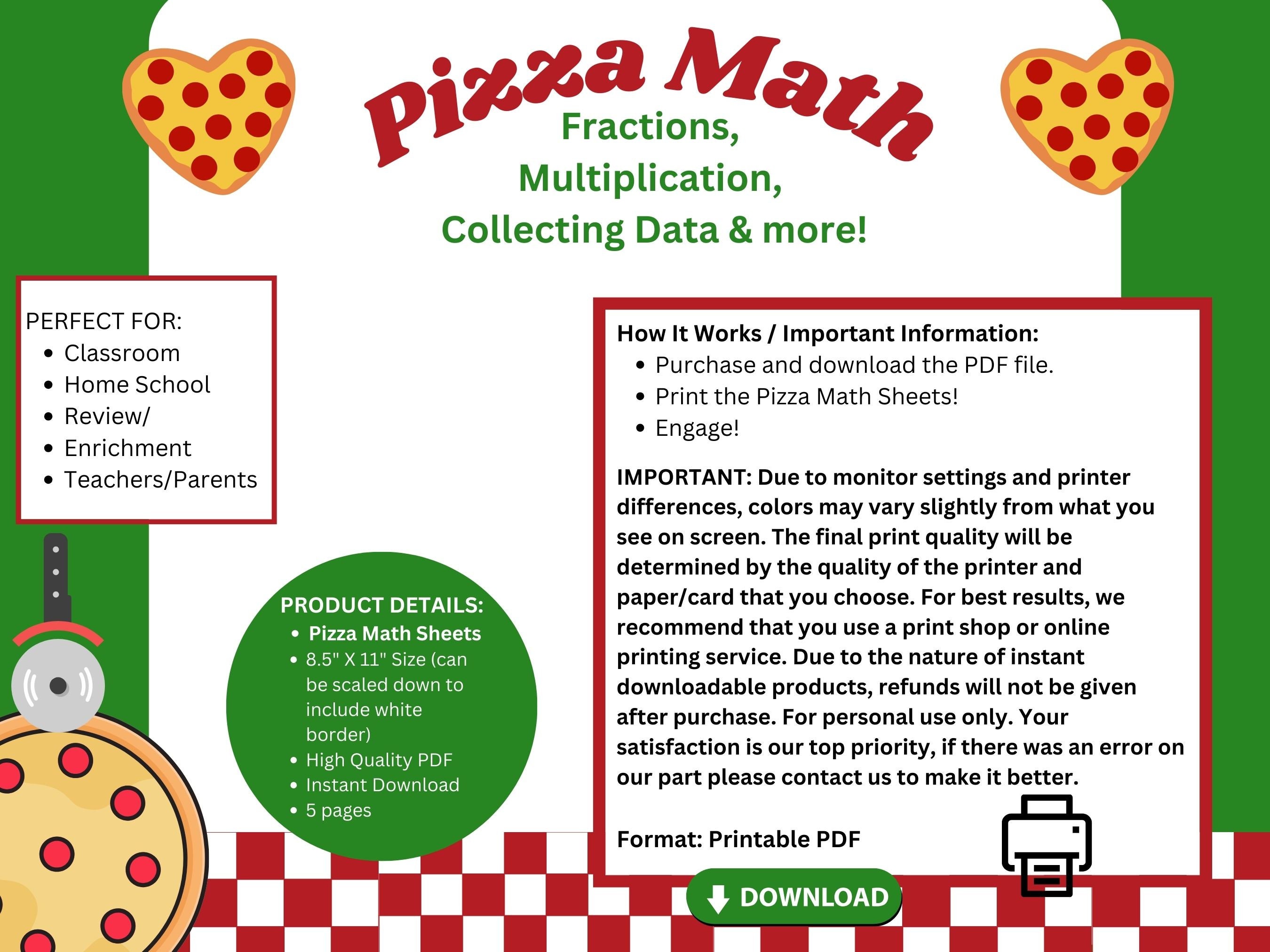 Pizza Math Worksheets, Fractions, Multiplication, Data Collection ...