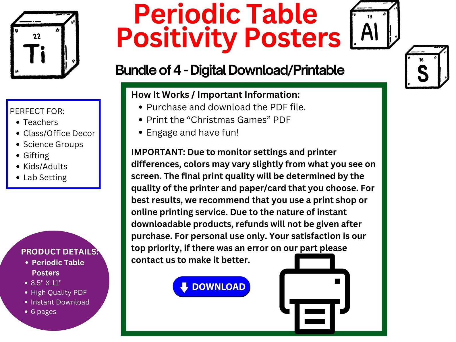 Periodic Table Poster Set, Positive Vibes, Science, STEM, Printable ...
