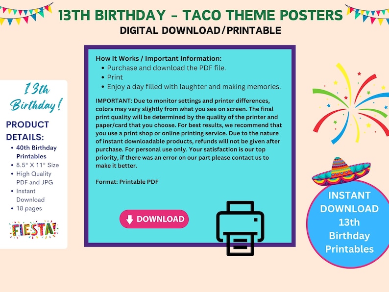 Taco-themed 13th Birthday, Set of 18 Prints, Nacho Average Teen, Holy ...