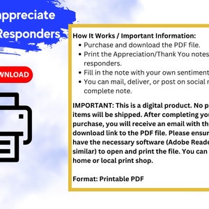 First Responder Thank You Notes - Instant Download & Print, Police, EMS ...