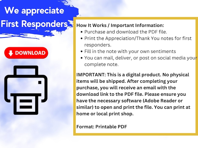 First Responder Thank You Notes - Instant Download & Print, Police, EMS ...