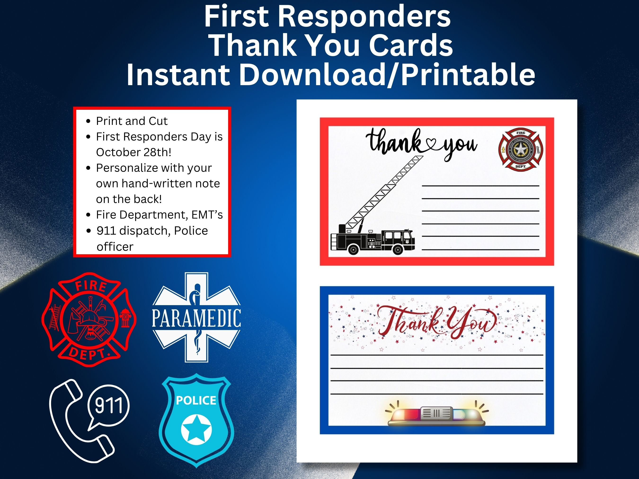 First Responders Thank You Notes, Hero Appreciation, Instant Download ...