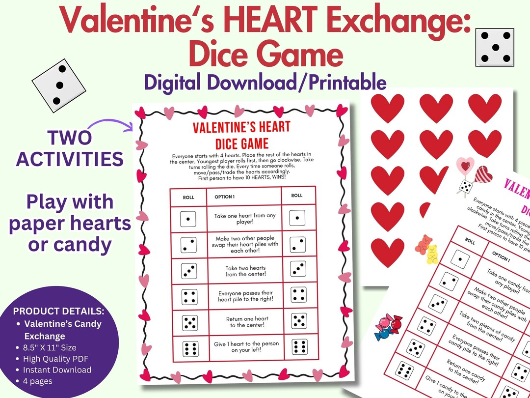 Valentine's Dice Game, Heart Exchange Game, School & Family Activity ...