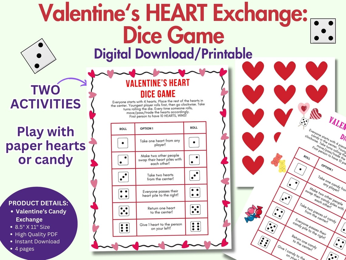 Valentine's Dice Game, Heart Exchange Game, School & Family Activity ...