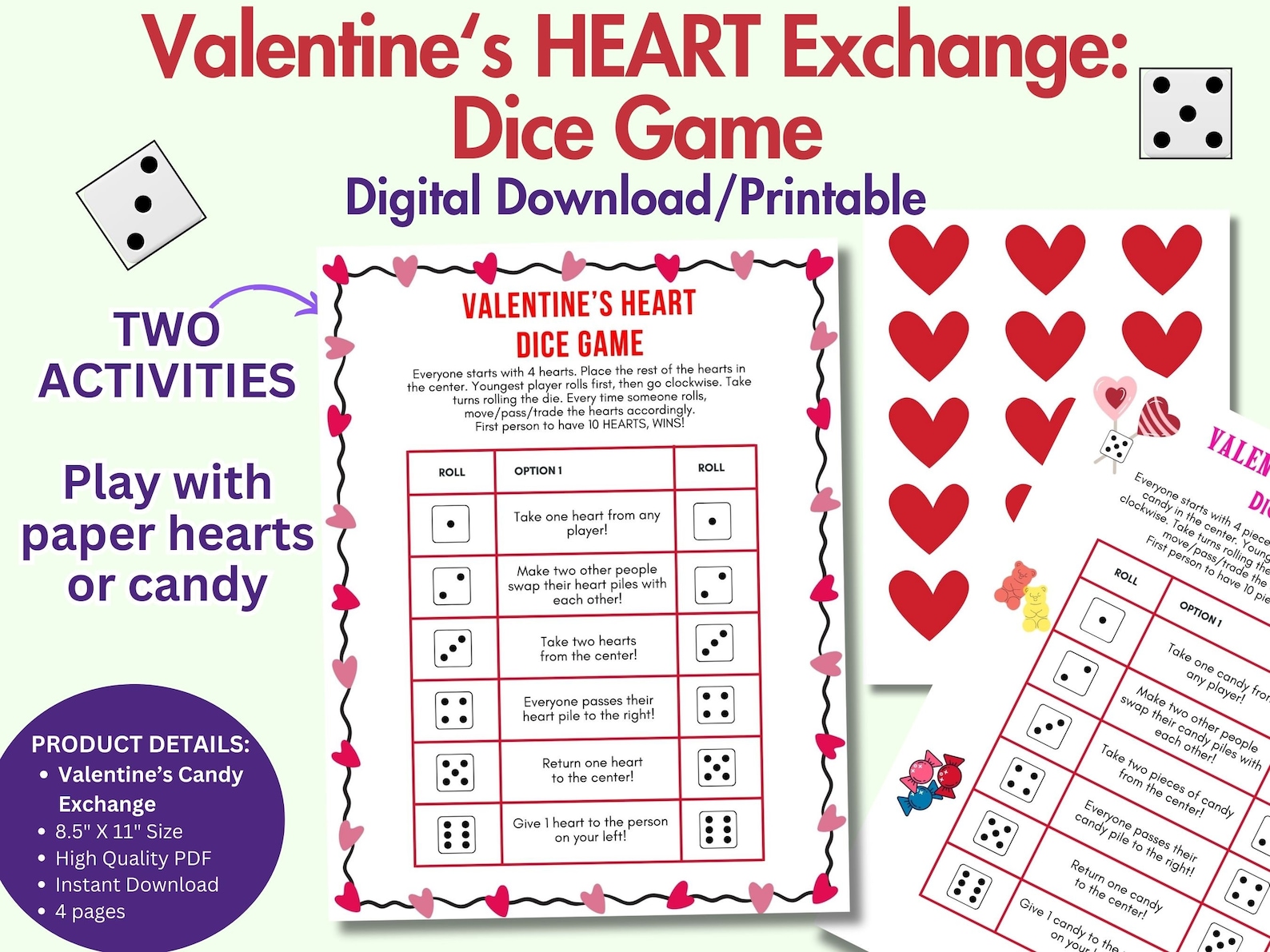 Valentine's Dice Game, Heart Exchange Game, School & Family Activity ...