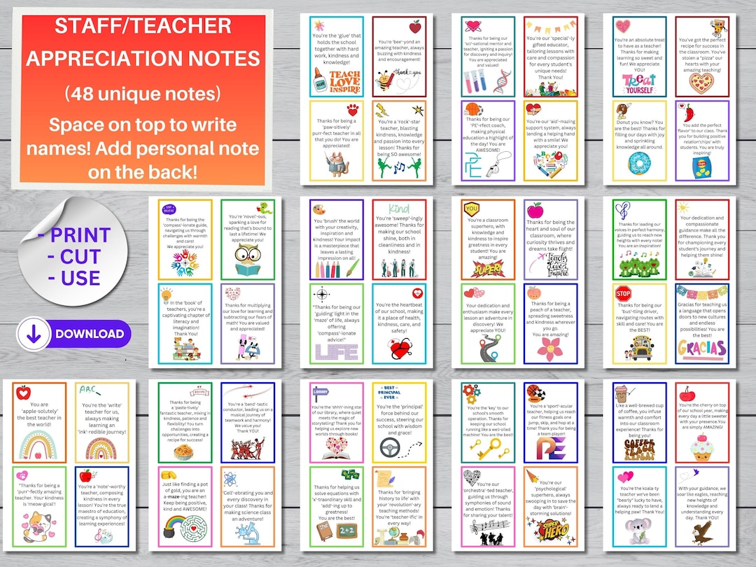 Staff & Teacher Appreciation Notes, Thank You Card Bundle, School ...
