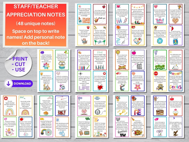 Staff & Teacher Appreciation Notes, Thank You Card Bundle, School ...
