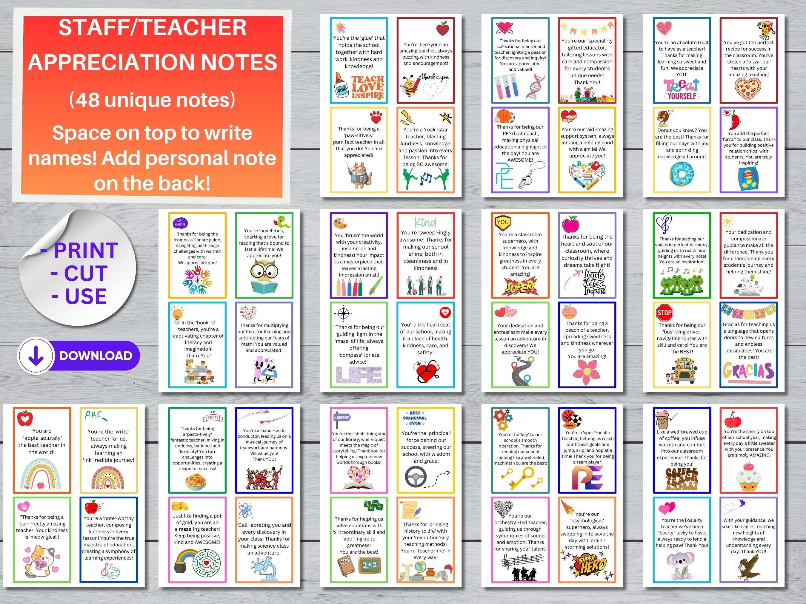 Staff & Teacher Appreciation Notes, Thank You Card Bundle, School ...