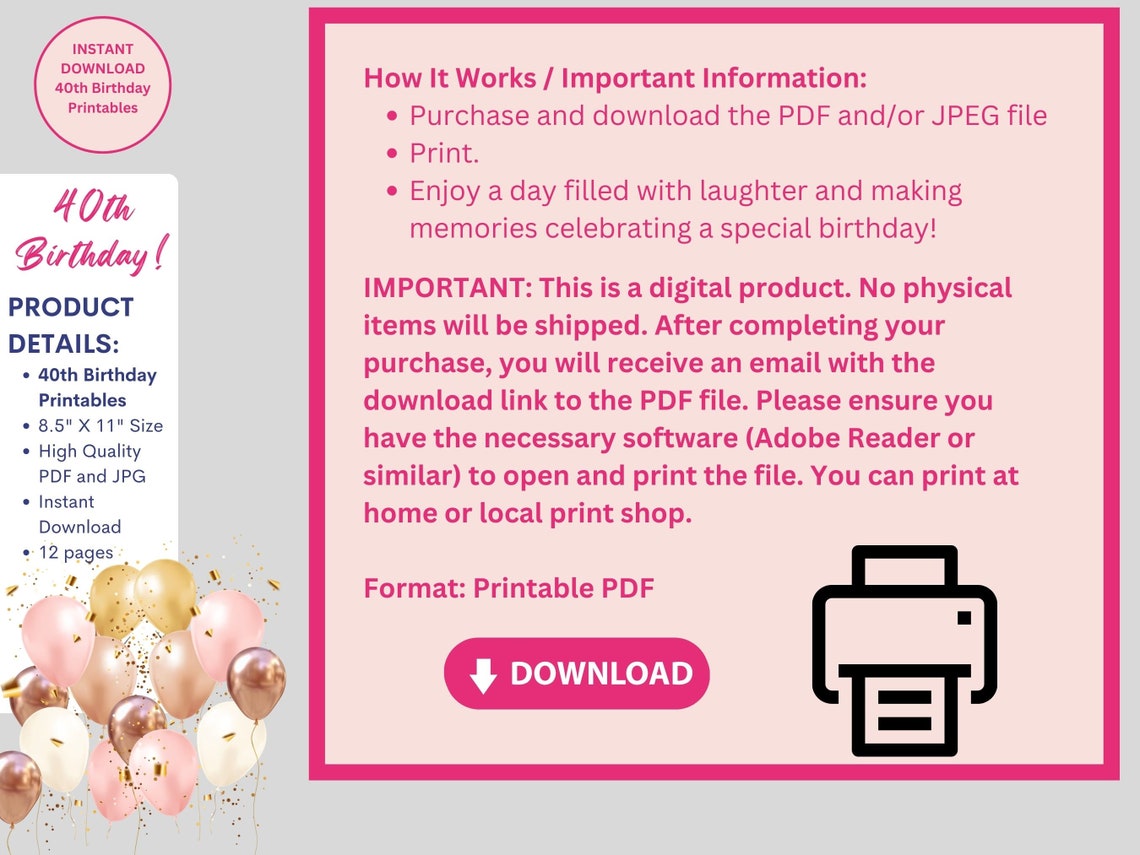 40th Birthday Printable, Digital Download, 12 Designs, Vintage 1984 ...