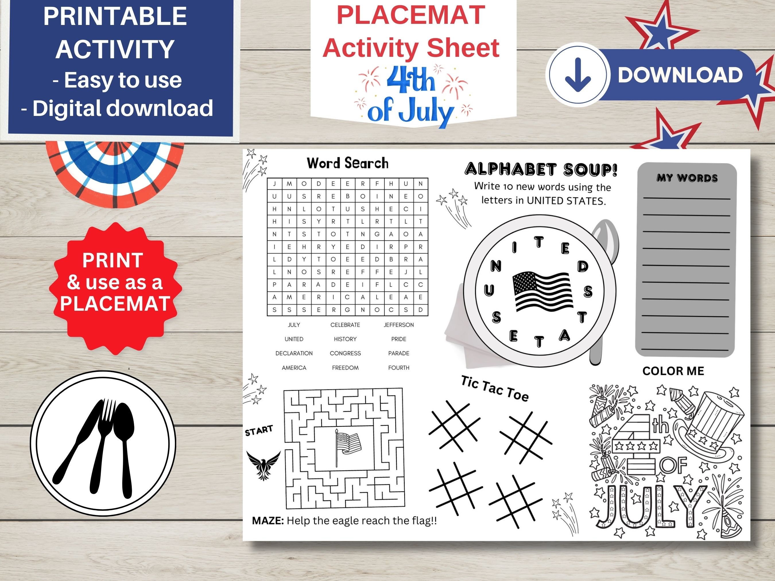 4th of July Printable Placemat for Kids, Table Mat Activity Sheet ...