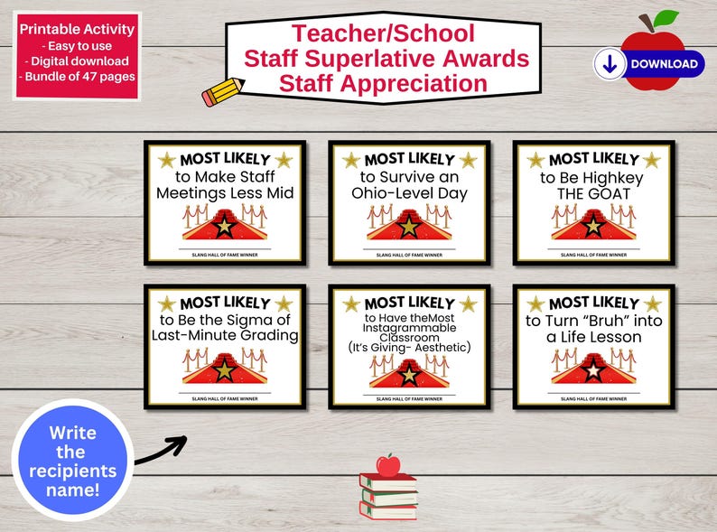 Teacher Staff Superlative Awards Printable, Slang Hall of Fame, Staff ...