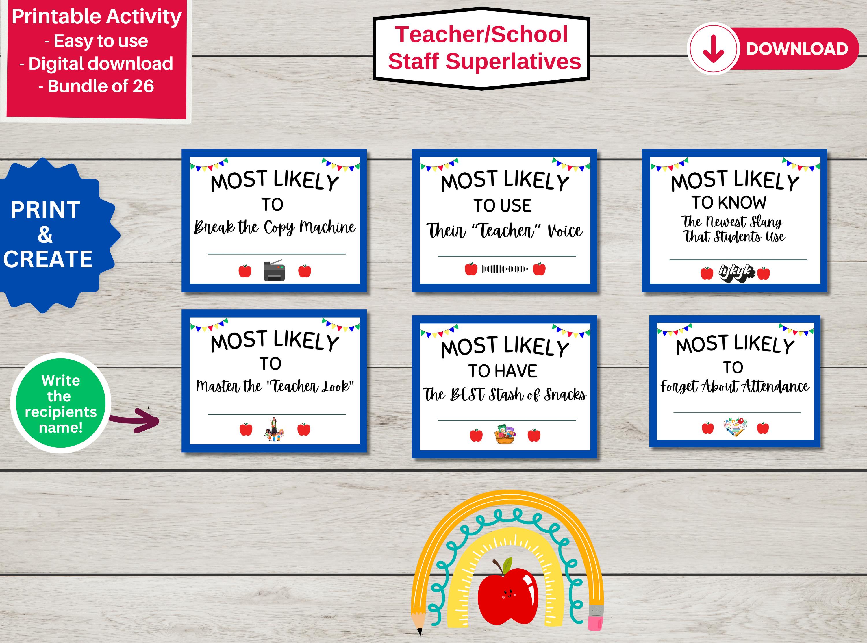 Teacher/staff Superlative Awards, School Party, Funny Teacher ...