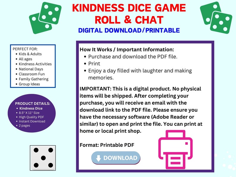 Kindness Dice Game, Conversation Starters, Roll and Play, Group/class ...