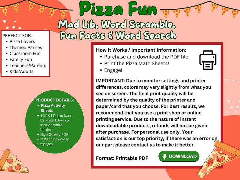 Pizza-themed Fun Activities Bundle: Mad Lib, Word Scramble, and Word ...