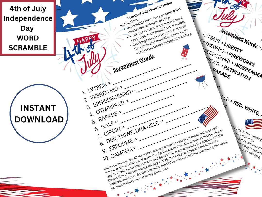 4th of July Independence Day Word Scramble - Printable PDF, Family ...