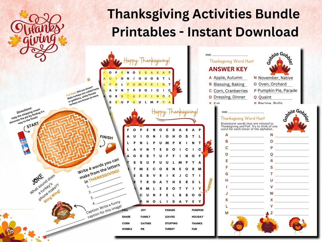 Thanksgiving Worksheet Bundle - Word Hunt, Word Search, Pumpkin Pie ...