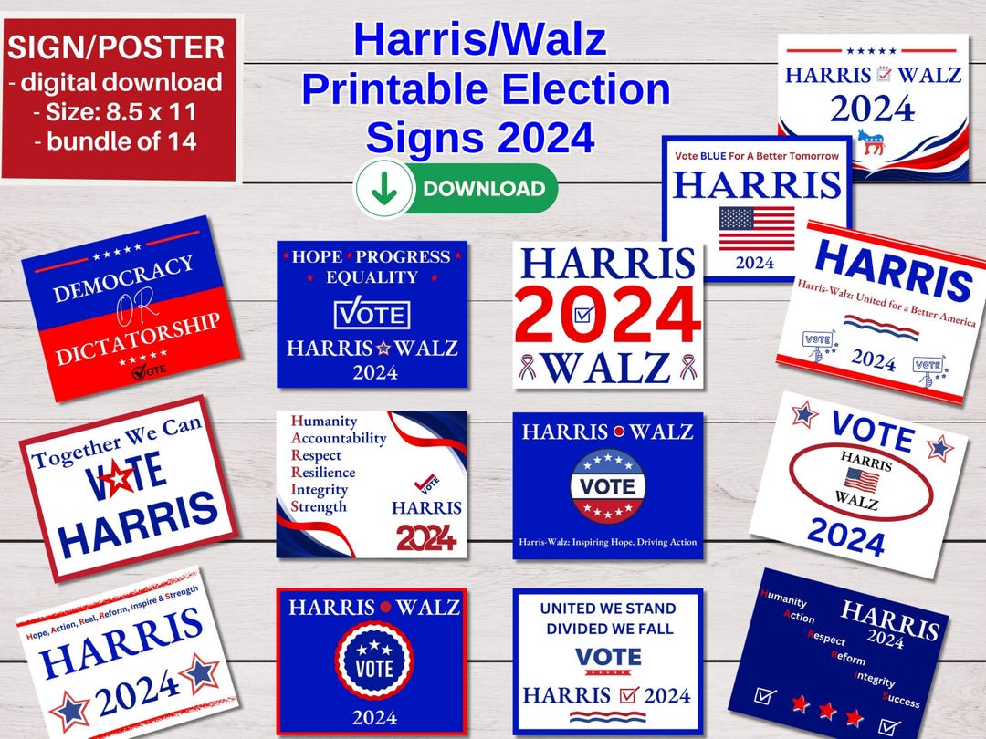 Harris/walz Printable Signs, Campaign Rally Posters, Set of 14, Vote ...
