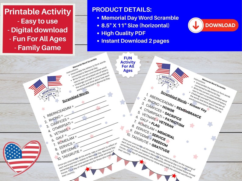 Memorial Day Word Scramble, Family Gathering Puzzle, Activity for All ...