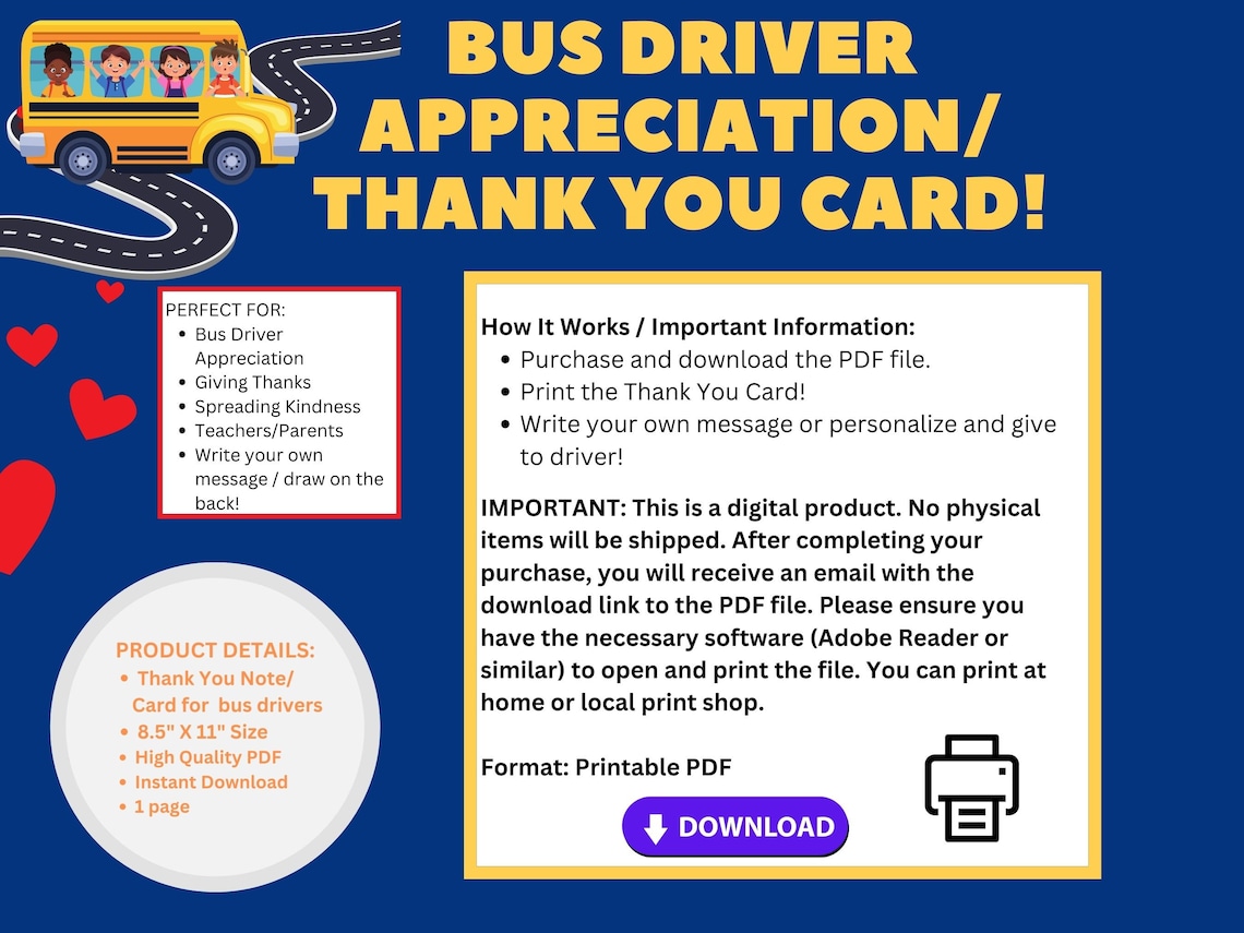 Cute School Bus Driver Appreciation Note/ Thank You Card, Class ...