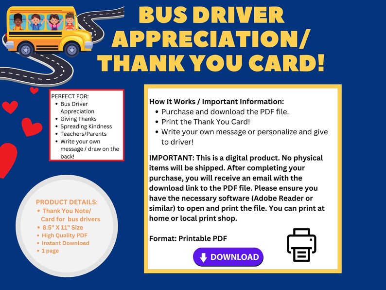 Cute School Bus Driver Appreciation Note/ Thank You Card, Class ...