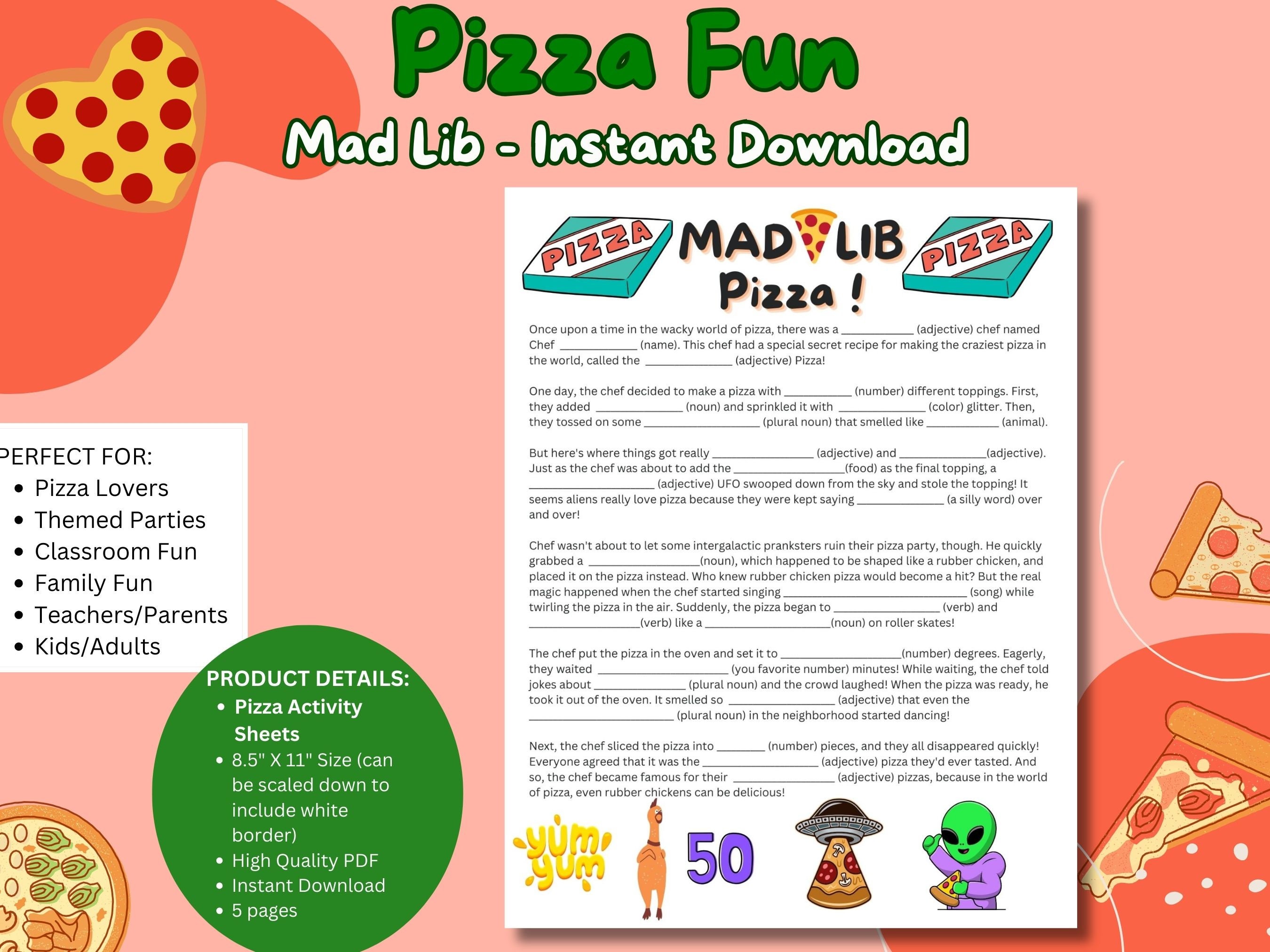Pizza-themed Fun Activities Bundle: Mad Lib, Word Scramble, and Word ...