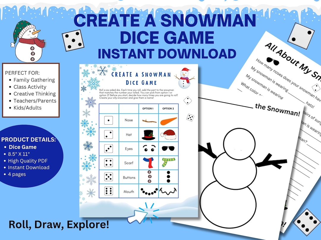 Create A Snowman Dice Game, Class Party, Interactive, Group/school ...