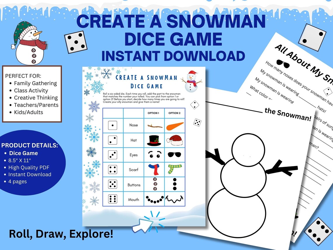 Create A Snowman Dice Game, Class Party, Interactive, Group/school ...