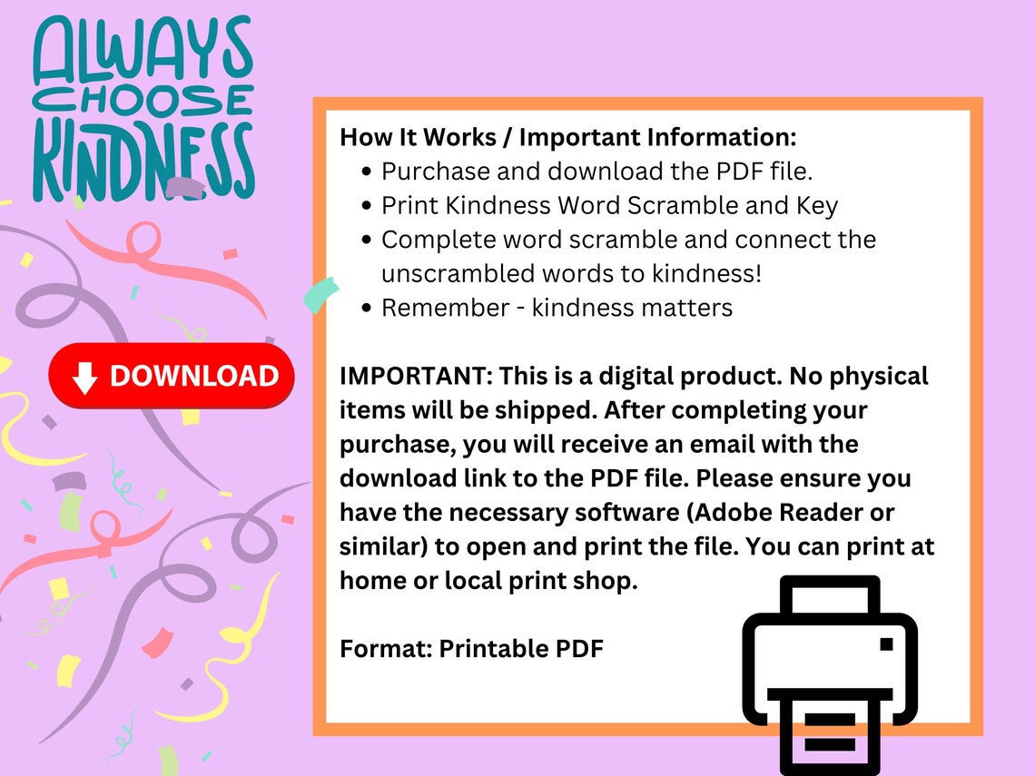 Kindness Word Scramble Puzzle - Printable/instant Download, Fun for ...