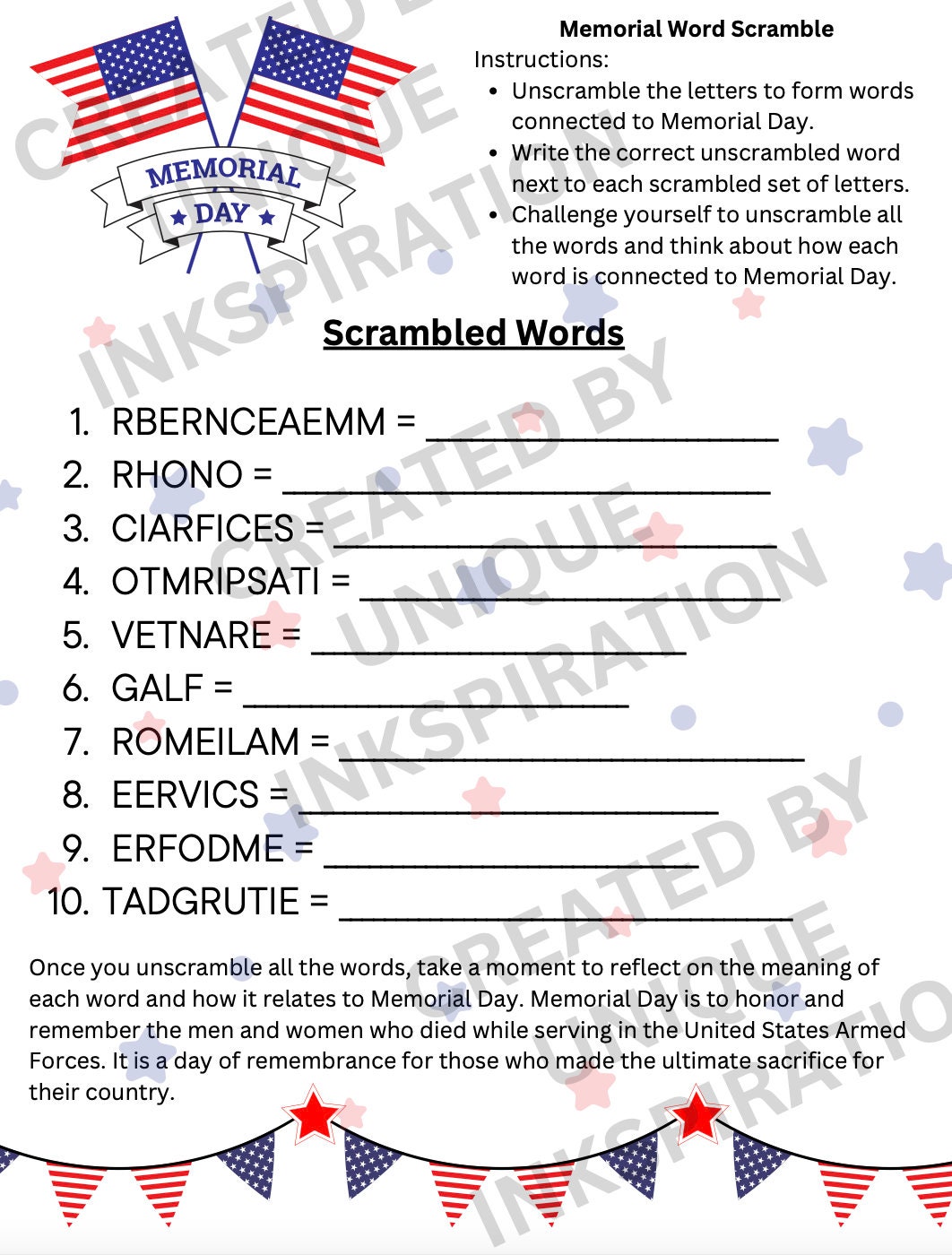 Memorial Day Word Scramble Family Gathering Puzzle Activity - Etsy