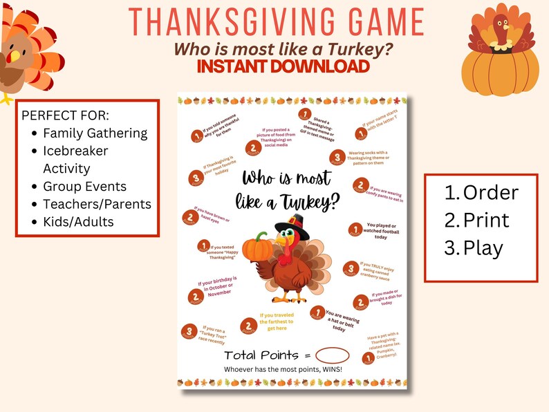 Thanksgiving Game, Who is Most Like a Turkey? Icebreaker, Family ...