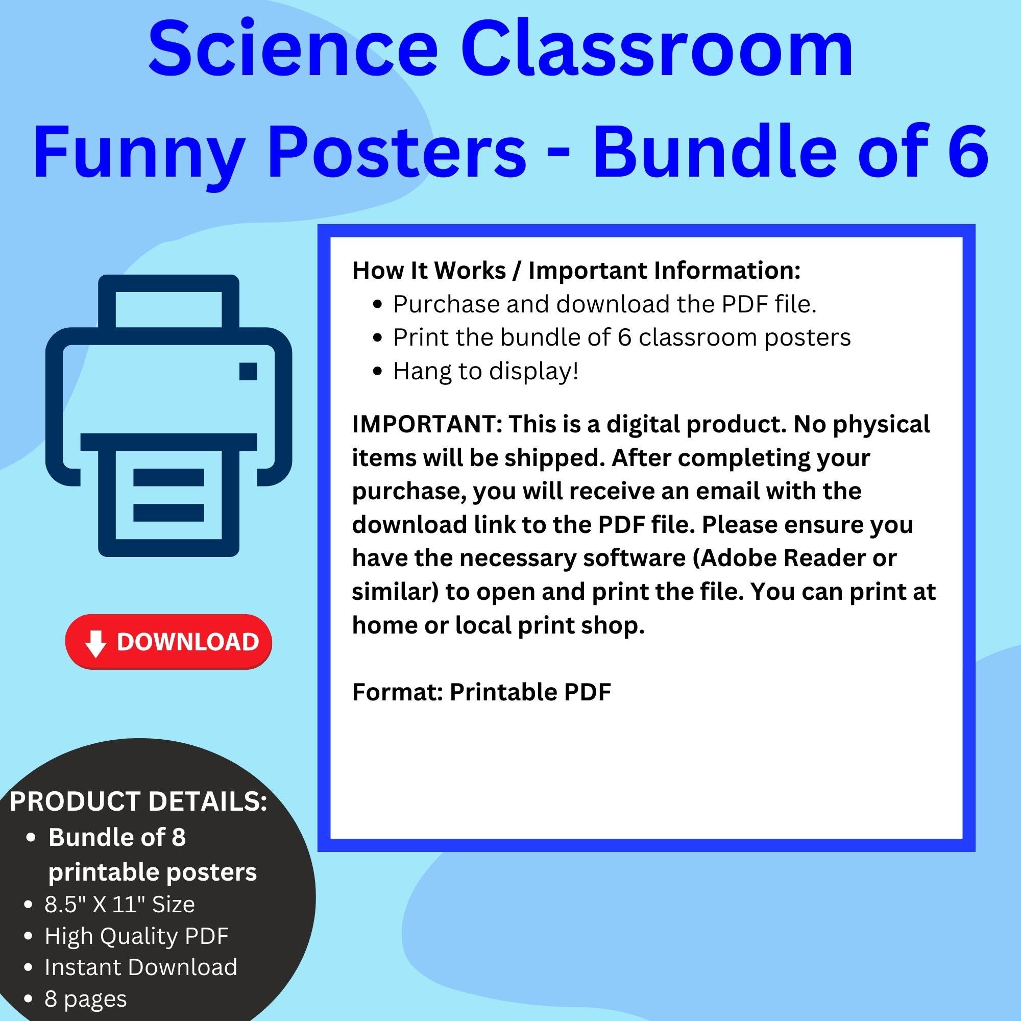 Science Humor Classroom Poster Bundle of 6, Instant Digital Download ...