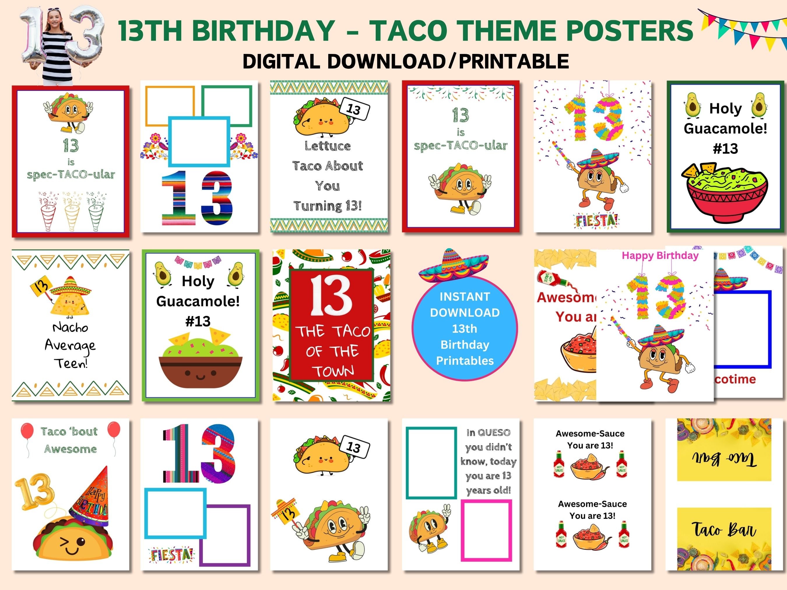 Taco-themed 13th Birthday, Set of 18 Prints, Nacho Average Teen, Holy ...