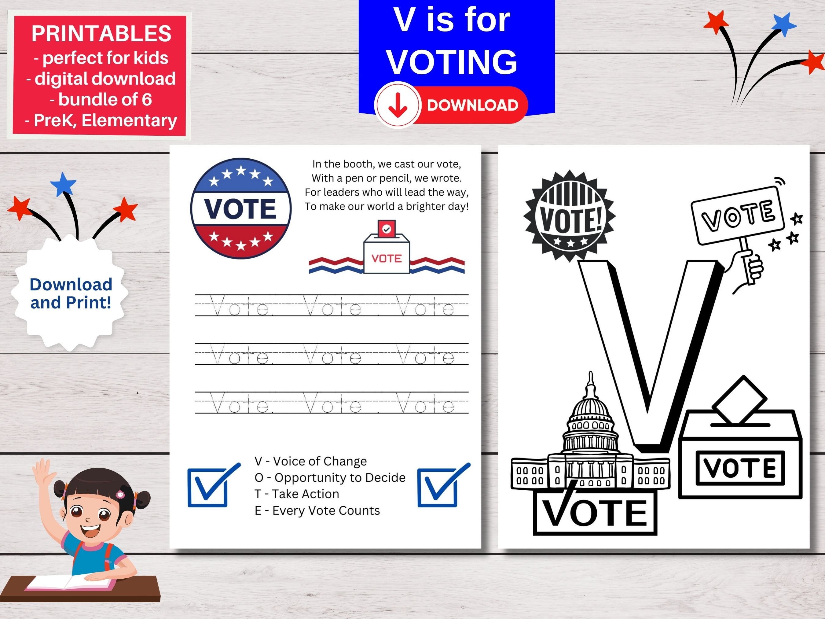 Prek, Early Elementary V is for Vote, Counting/tracing Worksheets ...
