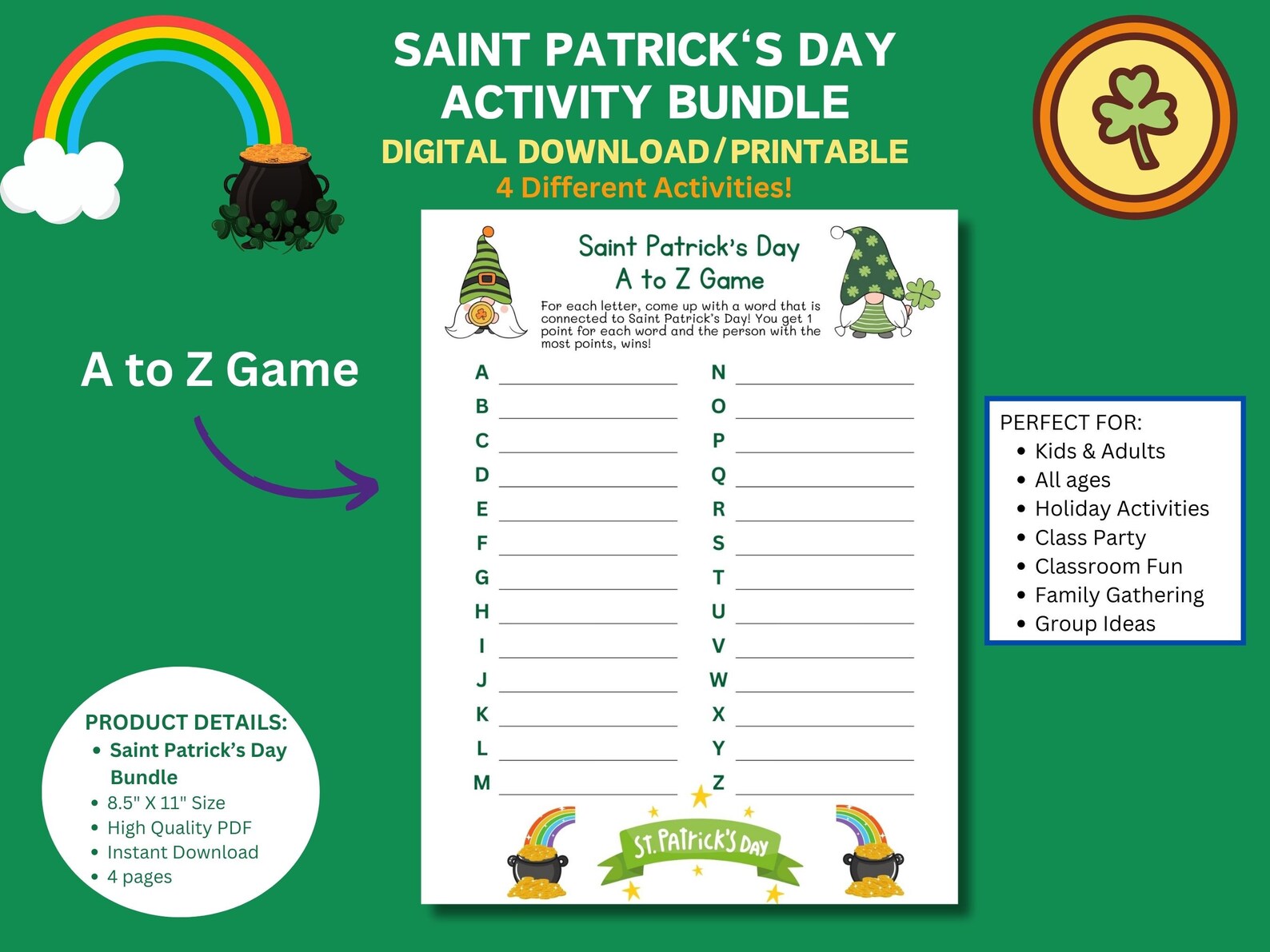 Saint Patrick's Day Activity Bundle, Word Scramble, Scattergories, A to ...