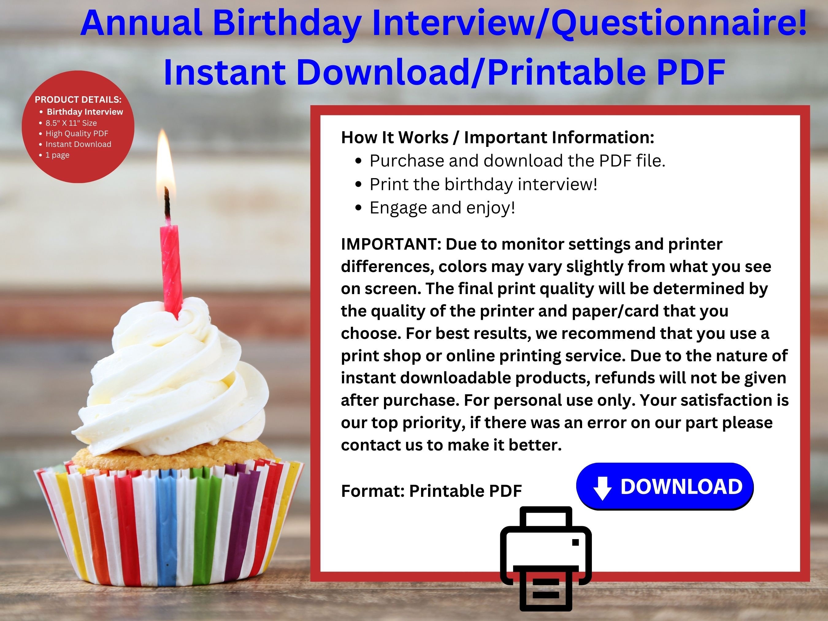 Birthday Annual Interview Questionnaire, Keepsake Memory, Instant ...