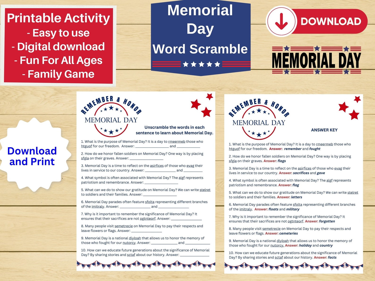 Memorial Day Informational Word Scramble, Family/class/kid Activity ...