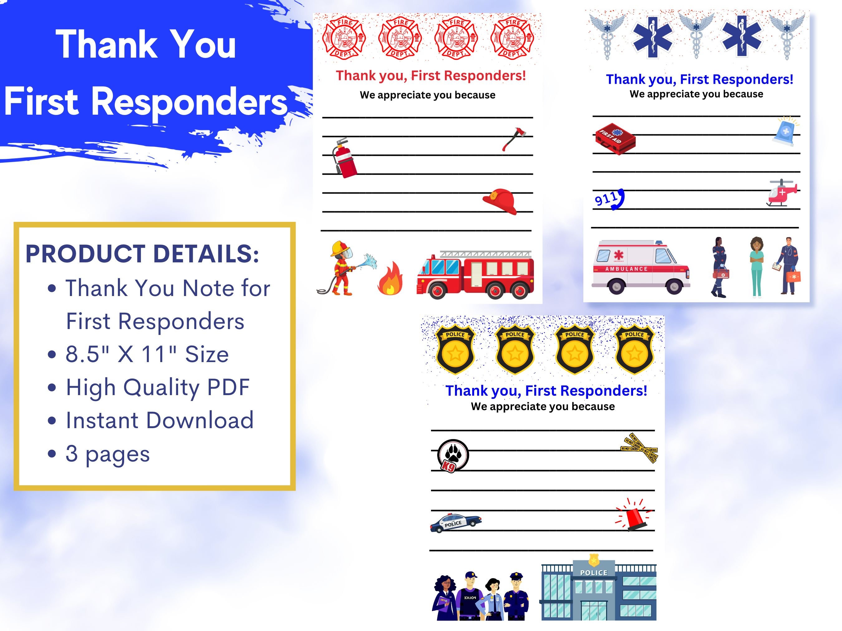 First Responder Thank You Notes - Instant Download & Print, Police, EMS ...