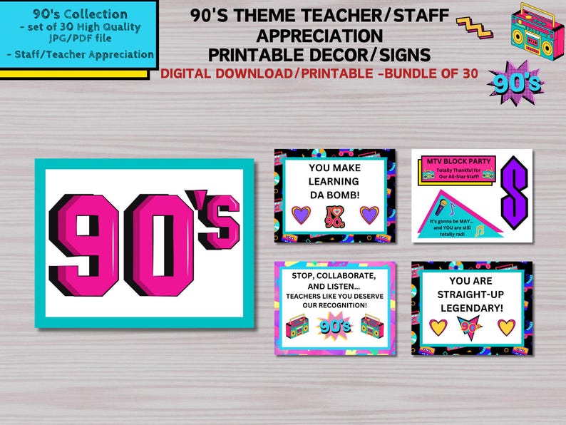 90's-themed Staff & Teacher Appreciation Week Printable Signs, Bundle ...