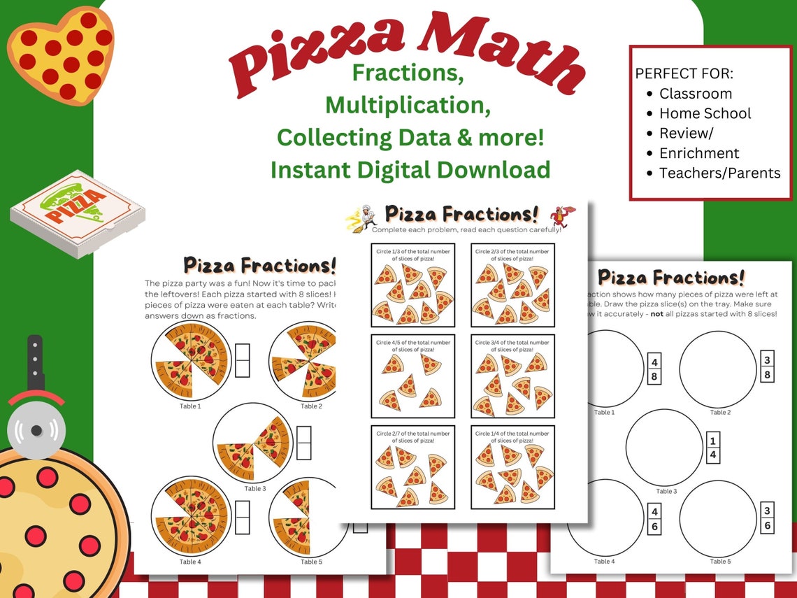 Pizza Math Worksheets, Fractions, Multiplication, Data Collection ...