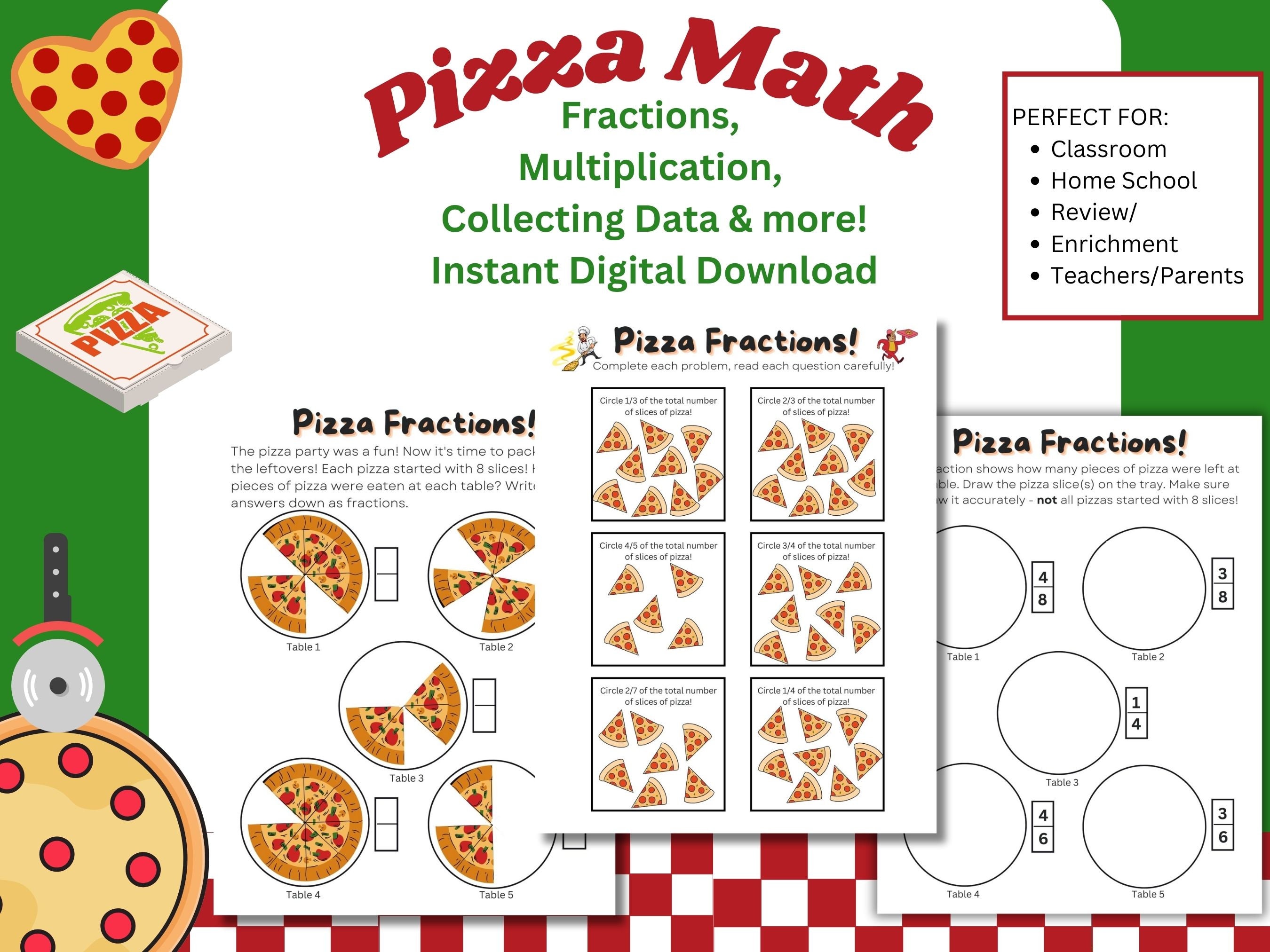 Pizza Math Worksheets, Fractions, Multiplication, Data Collection ...