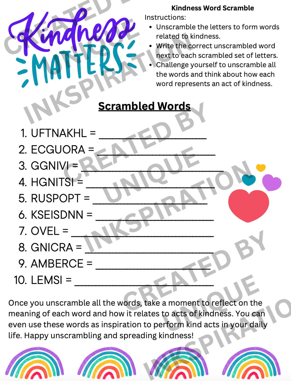 Kindness Word Scramble Puzzle - Printable/instant Download, Fun for ...