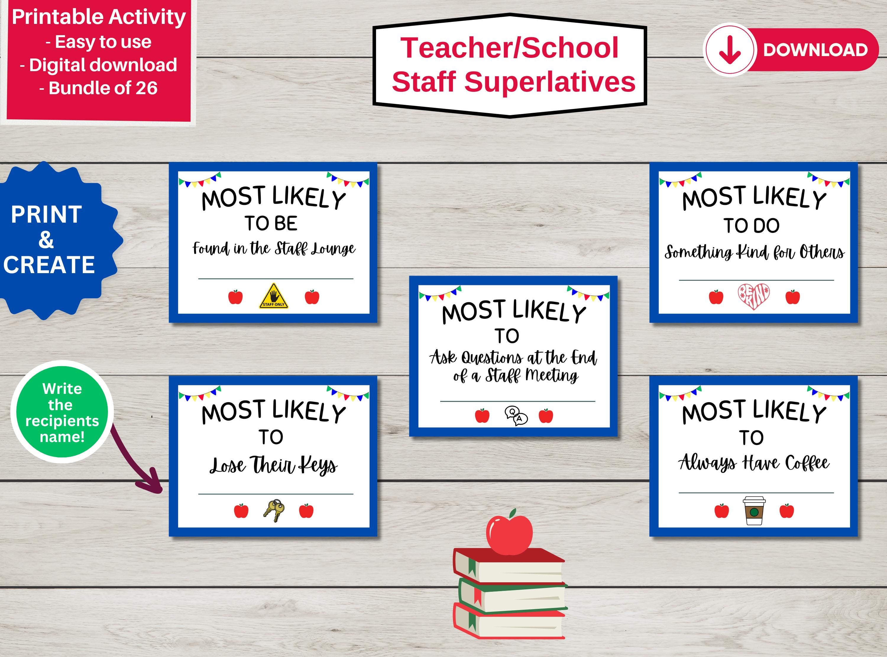 Teacher/staff Superlative Awards, School Party, Funny Teacher ...