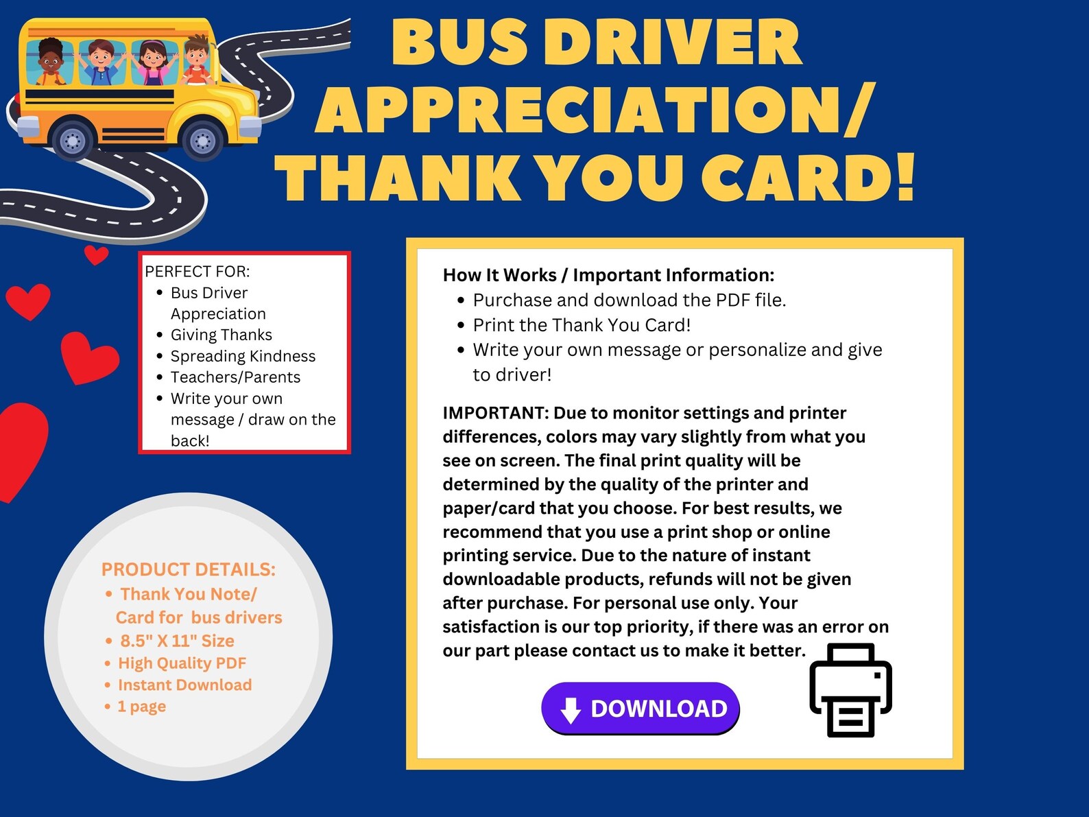 Cute School Bus Driver Appreciation Note/ Thank You Card, Class ...