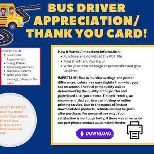 Cute School Bus Driver Appreciation Note/ Thank You Card, Class ...