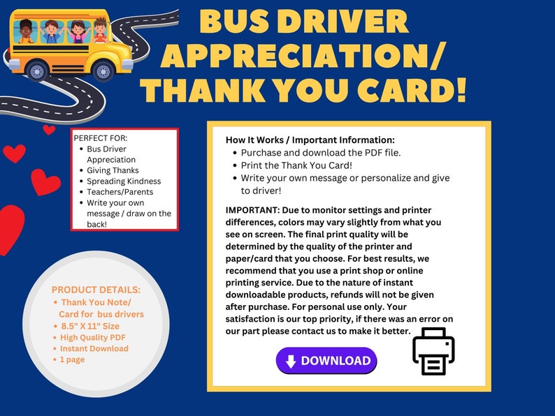 Cute School Bus Driver Appreciation Note/ Thank You Card, Class ...