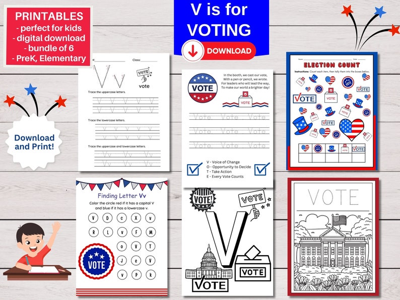 Prek, Early Elementary V is for Vote, Counting/tracing Worksheets ...