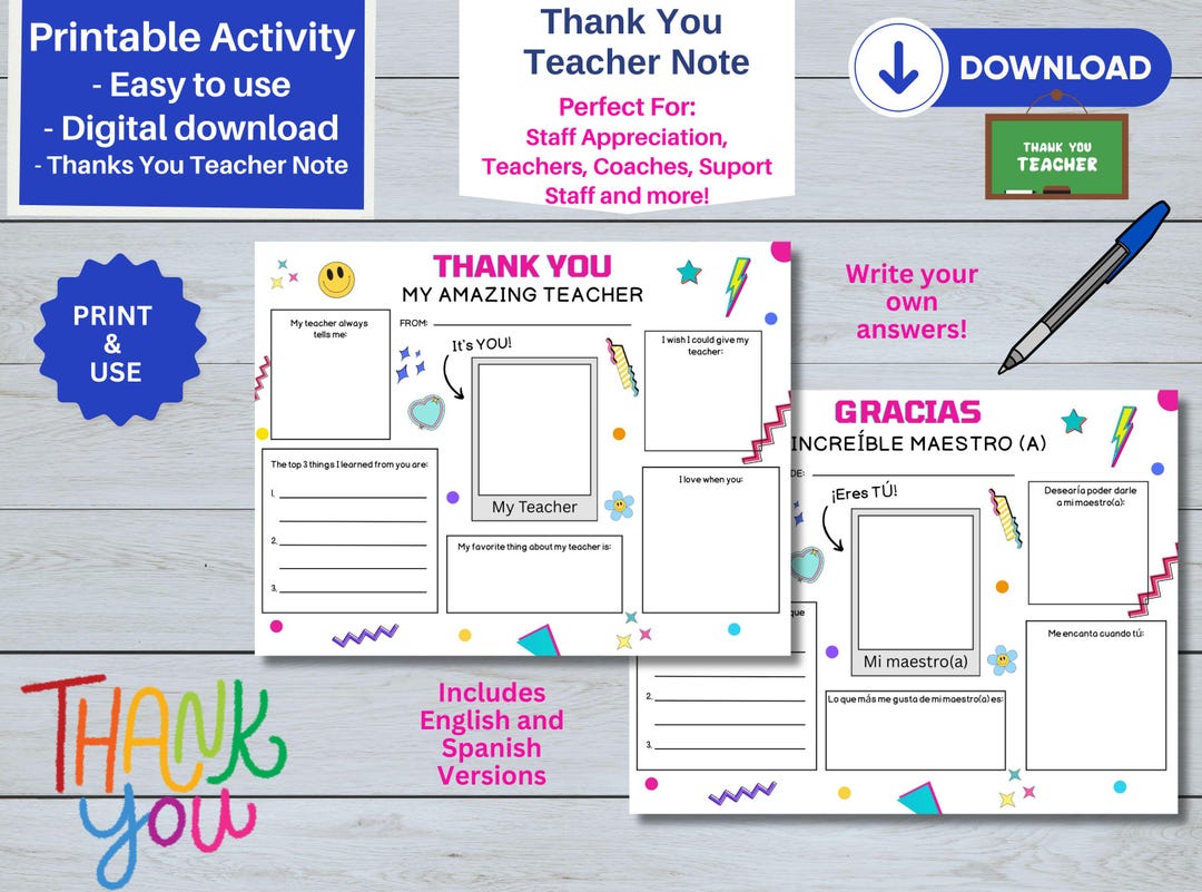 Thank You Teacher Staff Note - Printable Activity (english & Spanish ...
