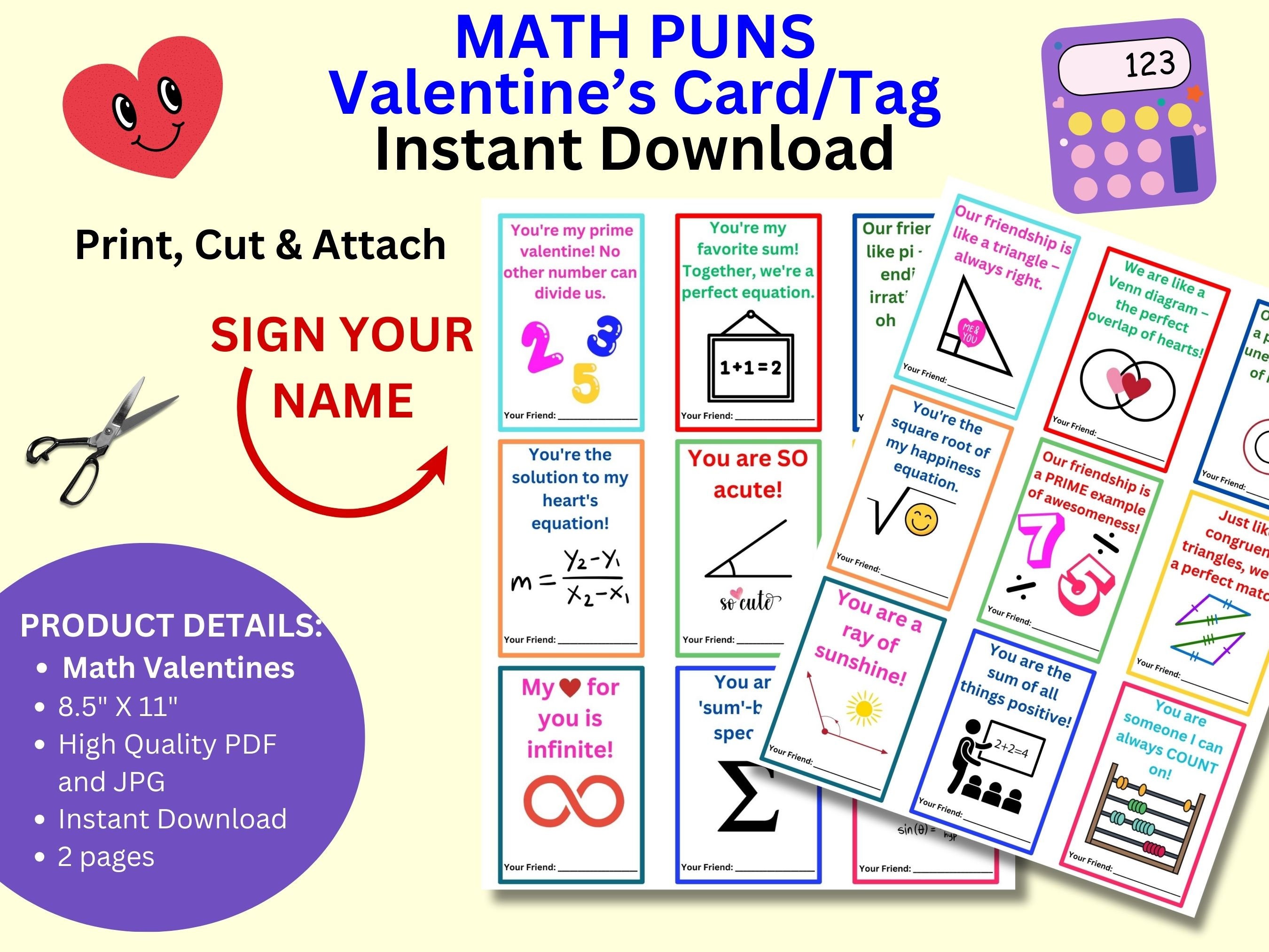 Math Puns: Colorful Valentine's Math Pun Notes, Printable Cards ...